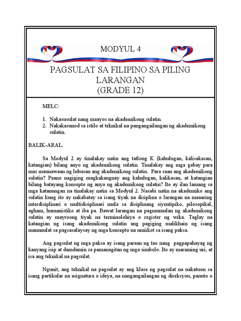 MODYUL 4 Pagsulat Sa Filipino Grade 12 | PDF