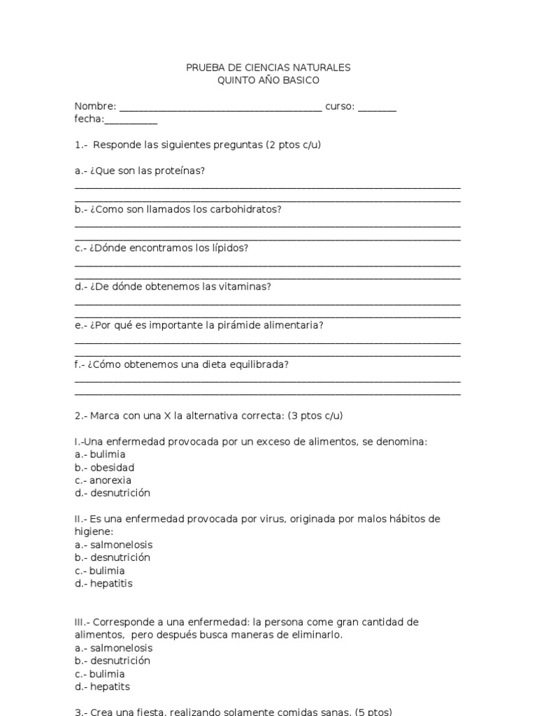 Prueba de Ciencias Naturales Quinto | PDF