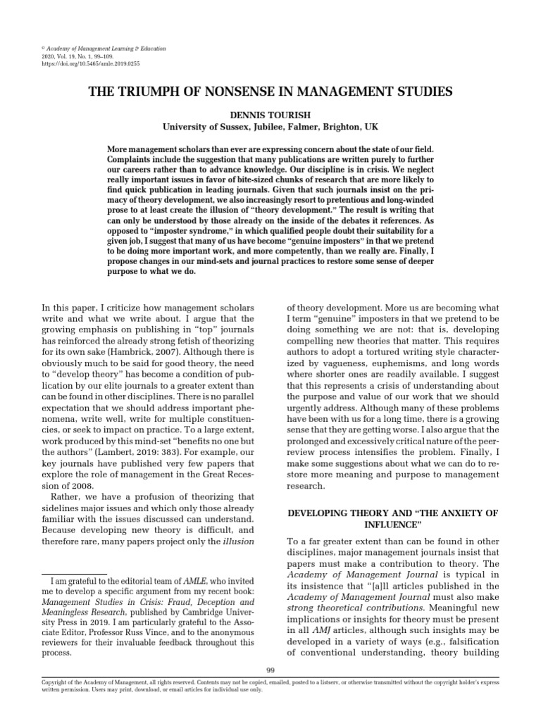 The Triumph of Nonsense in Management Studies | PDF | Theory | Behavior