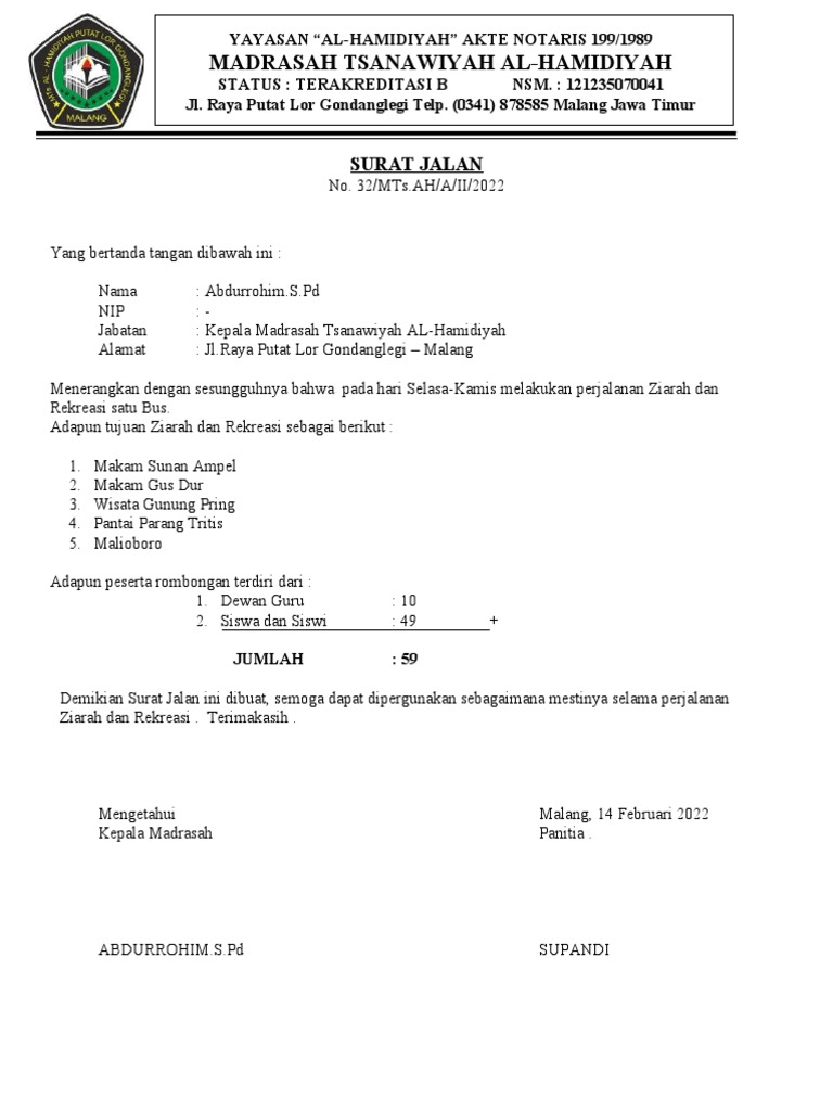 Surat Jalan Study Tour | PDF