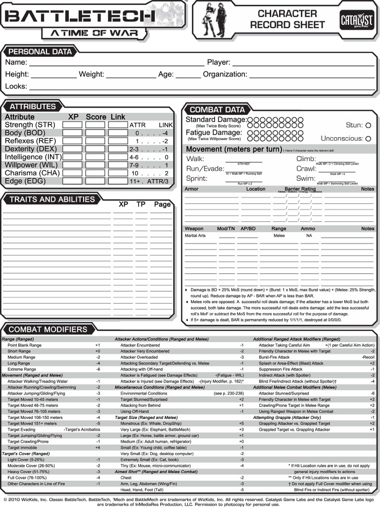 Battletech RPG Character Sheet | PDF