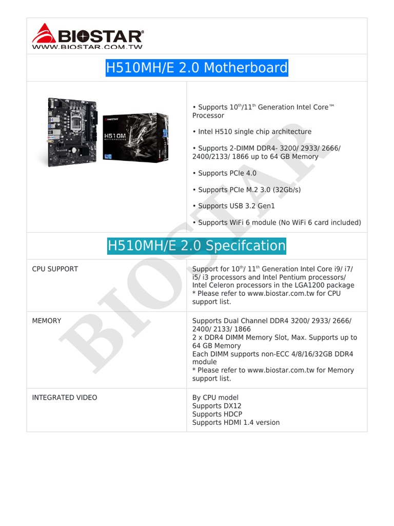 Biostar H510MH e 2.0 Spec | PDF | Bios | Usb