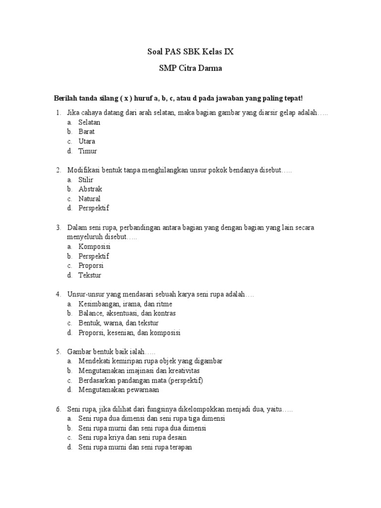 Soal PAS SBK Kelas 9 | PDF | Seni | Griya & Taman