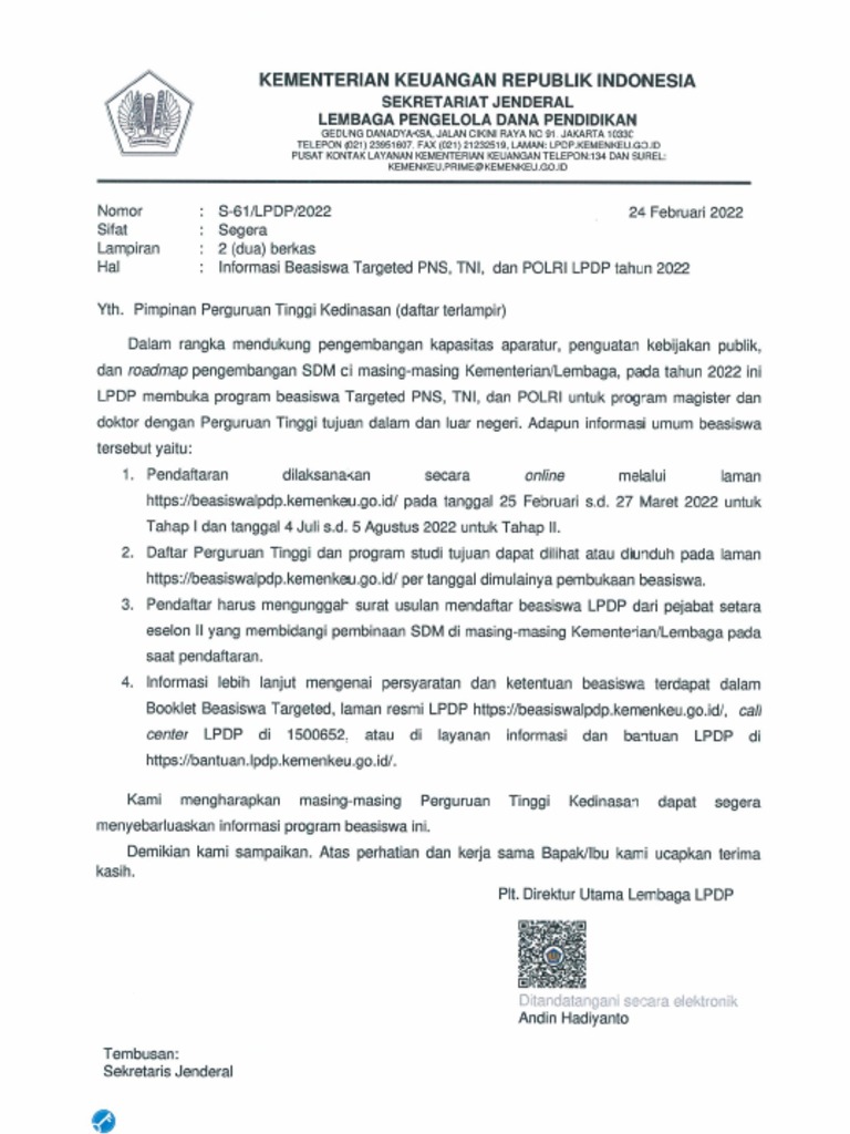 Informasi Beasiswa Target PNS, TNI, Dan POLRI LPDP 2022 | PDF