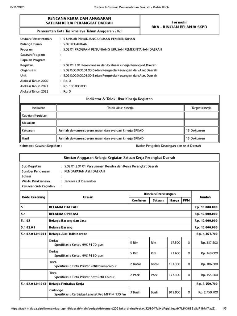 Sistem Informasi Pemerintahan Daerah - Cetak RKA | PDF