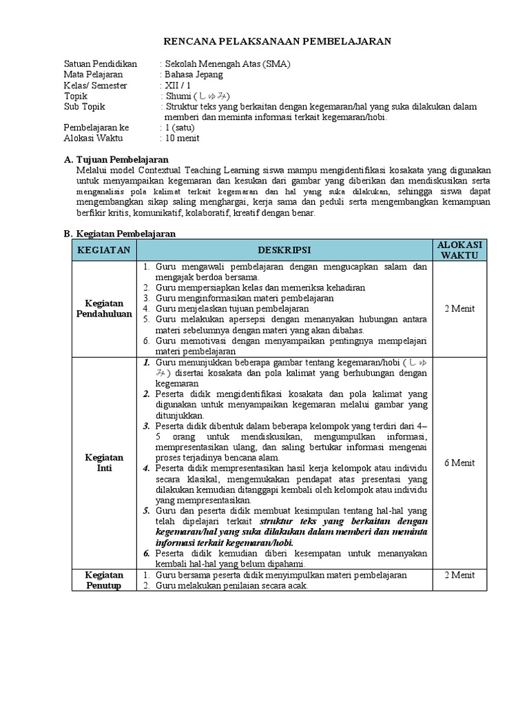 RPP Bahasa Jepang: Kegemaran Siswa | PDF