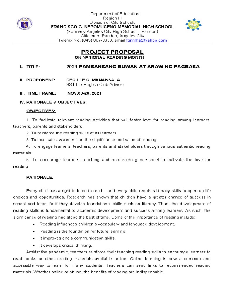 Project Proposal - National Reading Month | PDF | Learning | Teachers