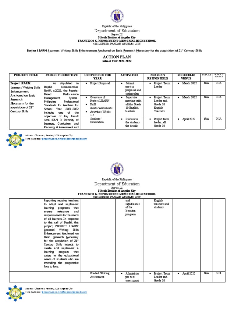 Project LEARN Action Plan 2021-2022 | PDF | Learning | Educational ...