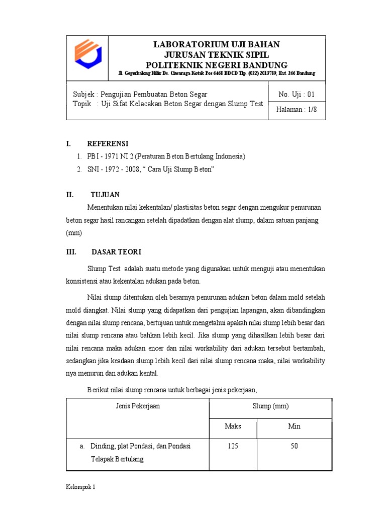 Tabel Slump Test SNI Beton Segar | PDF | Teknologi & Rekayasa