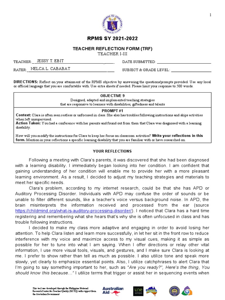 (Appendix 4A) Teacher Reflection Form For T I-III For RPMS SY 2021-2022 ...