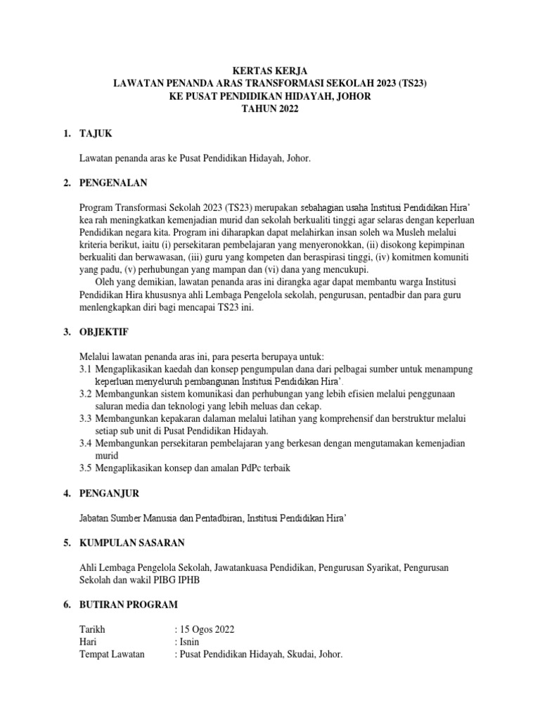 Kertas Kerja Lawatan Penanda Aras 2022 | PDF