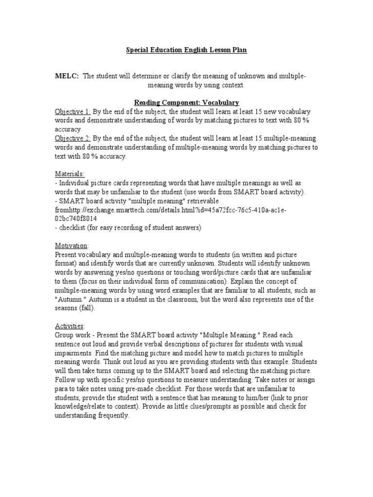 Special Education Vocabulary Lesson Plan | PDF | Lesson Plan | Vocabulary