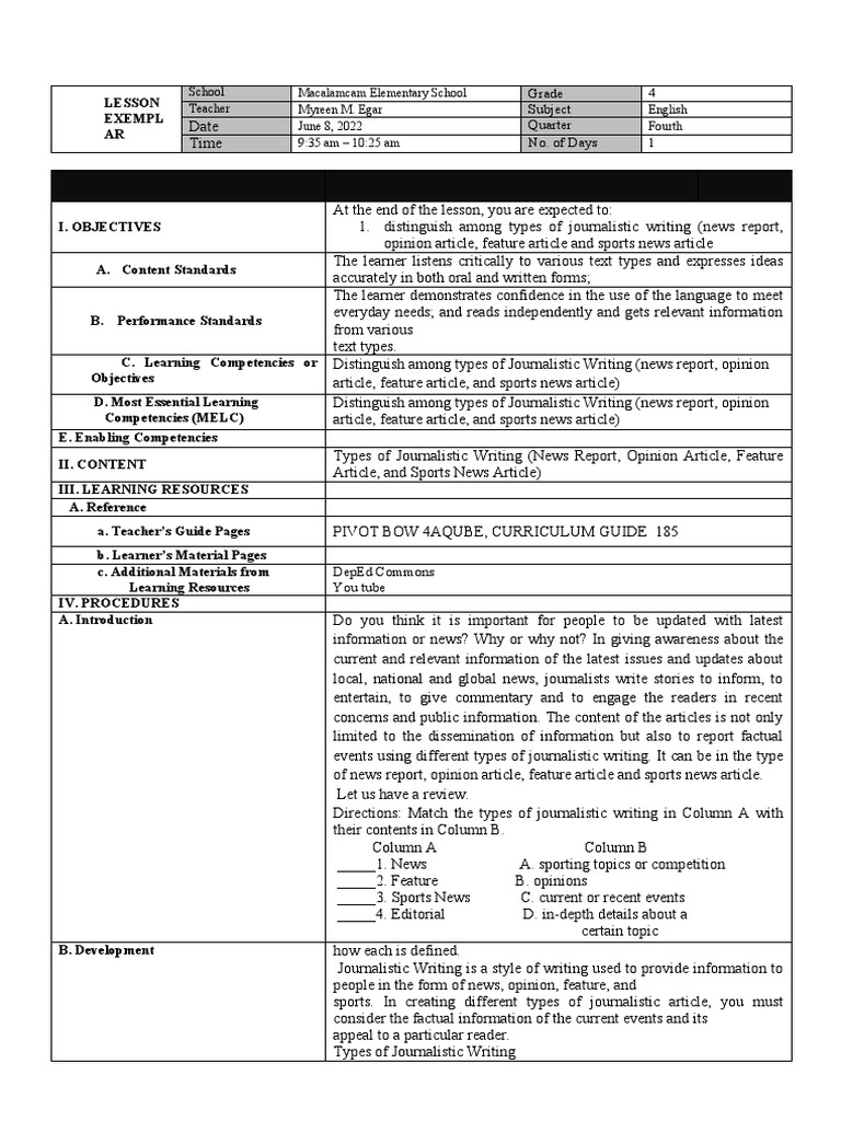 Distinguishing Types of Journalistic Writing: A Lesson Plan on News ...