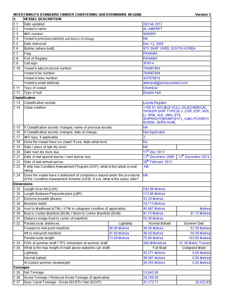 Intertanko 'S Standard Tanker Chartering Questionnaire 88 (Q88) 1 ...