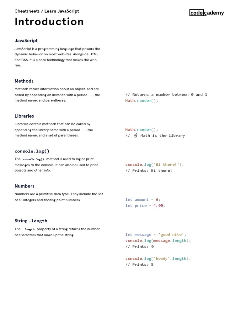 Learn JavaScript - Introduction Cheatsheet - Codecademy | PDF ... Learn JavaScript - Introduction Cheatsheet - Codecademy | PDF ...