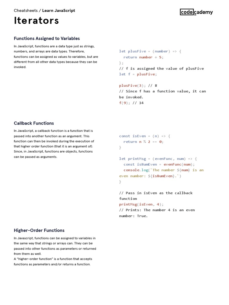Learn Javascript Iterators Cheatsheet Codecademy Pdf Parameter Computer Programming 2343