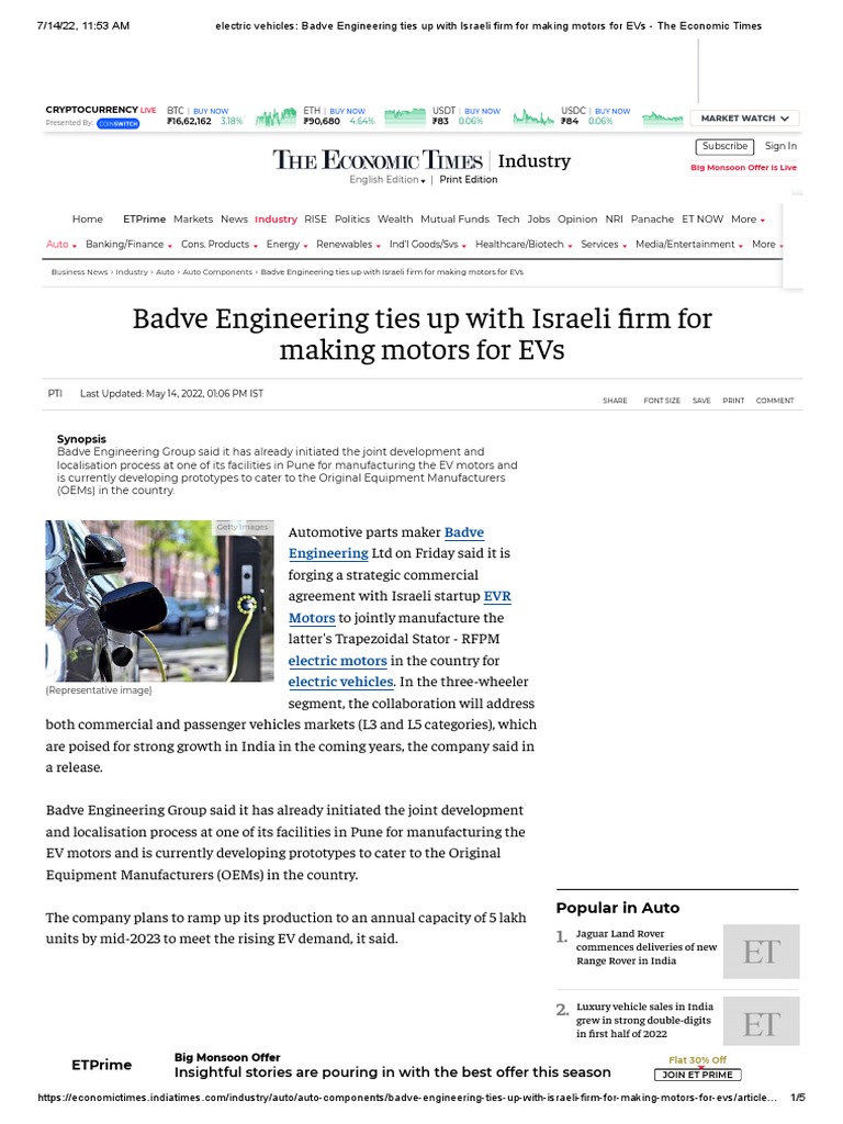 Electric Vehicles - Badve Engineering Ties Up With Israeli Firm For ...