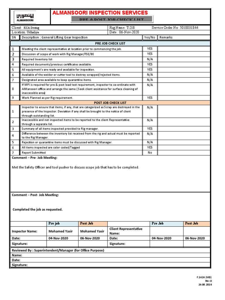Almansoori Inspection Services: Pre & Post Job Check List | PDF
