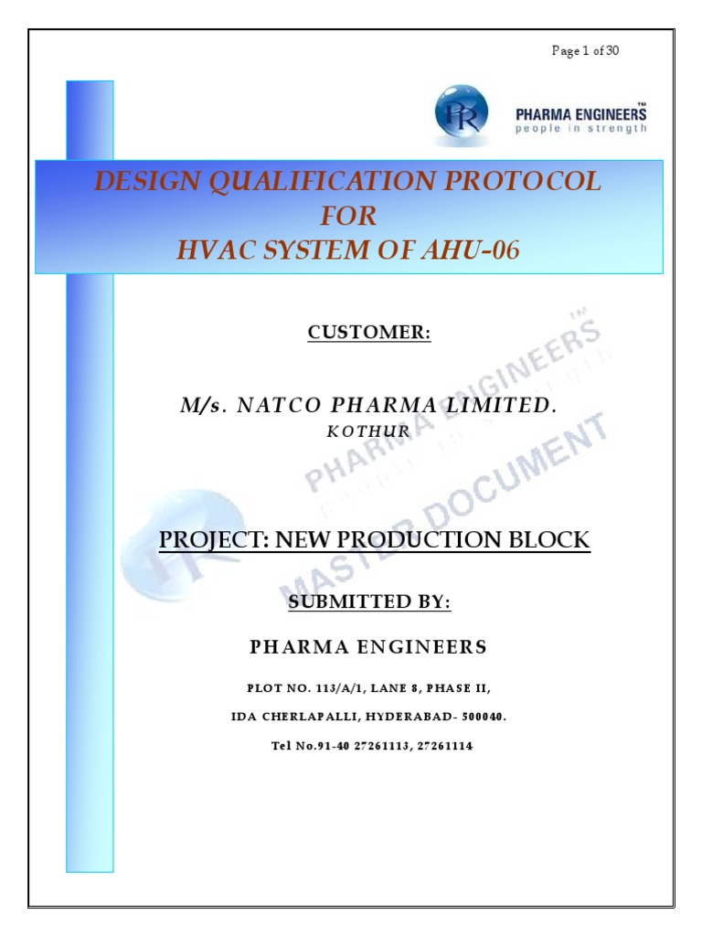 Design Qualification Protocol FOR Hvac System of Ahu-06: Project: New Production Block | PDF ...