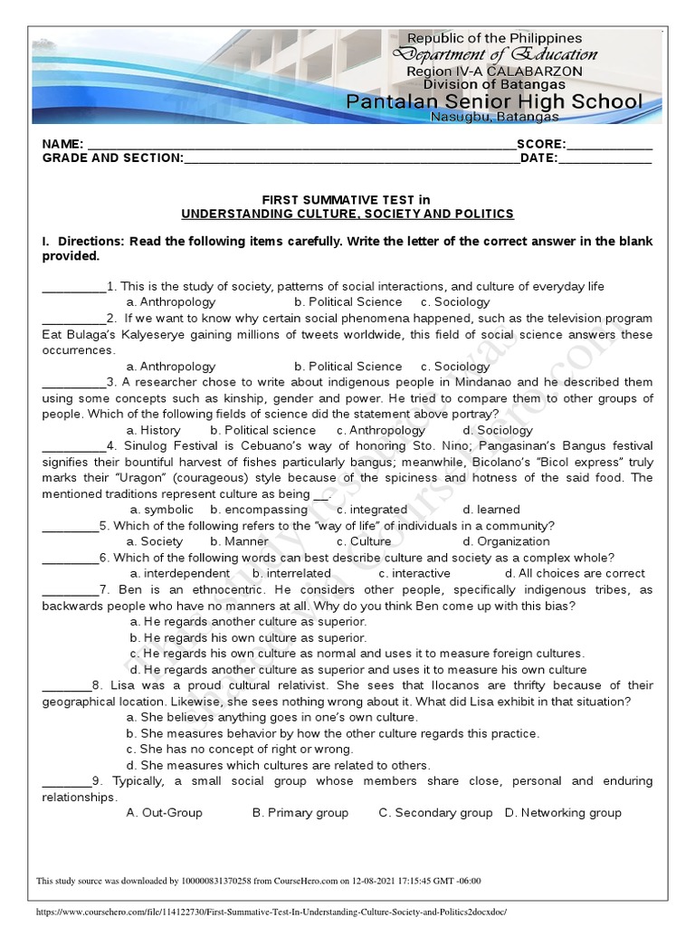 First Summative Test in Understanding Culture Society and Politics2 ...