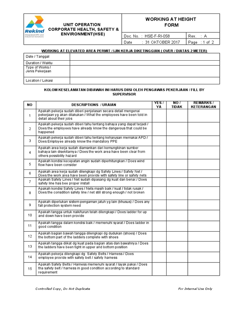 Unit Operation Corporate Health, Safety & Environment (Hse) : Working ...