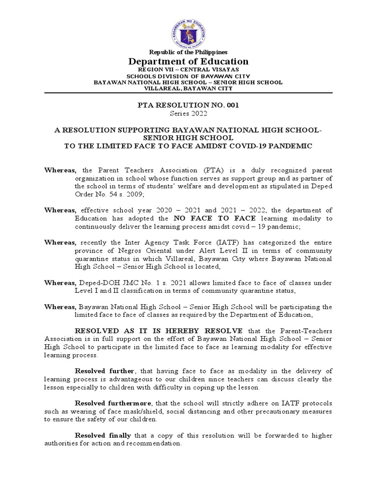 PTA RESOLUTION F2F draft | PDF