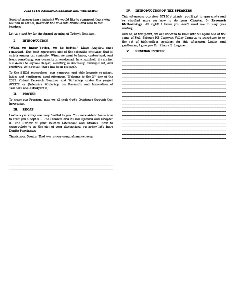 Stem Research Writeshop-Moderator Script | PDF | Cognition | Science