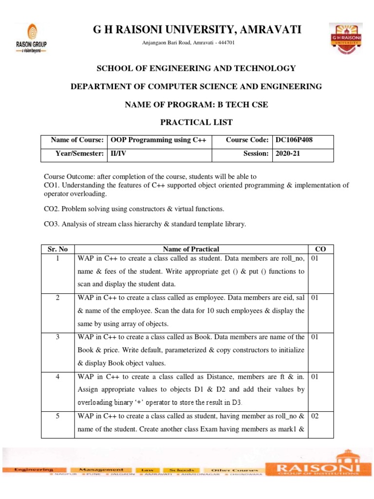 G H Raisoni University C++ Practical List for OOP Programming | PDF | C++ | Class (Computer ...