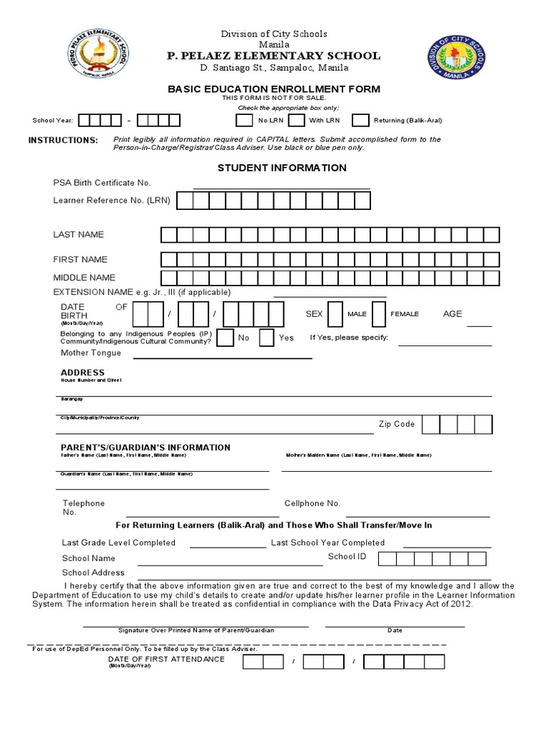 P. Pelaez Elementary School: Basic Education Enrollment Form | PDF