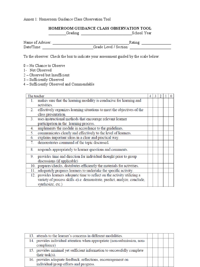 Homeroom Guidance Class Observation Tool | PDF | Educational Assessment ...