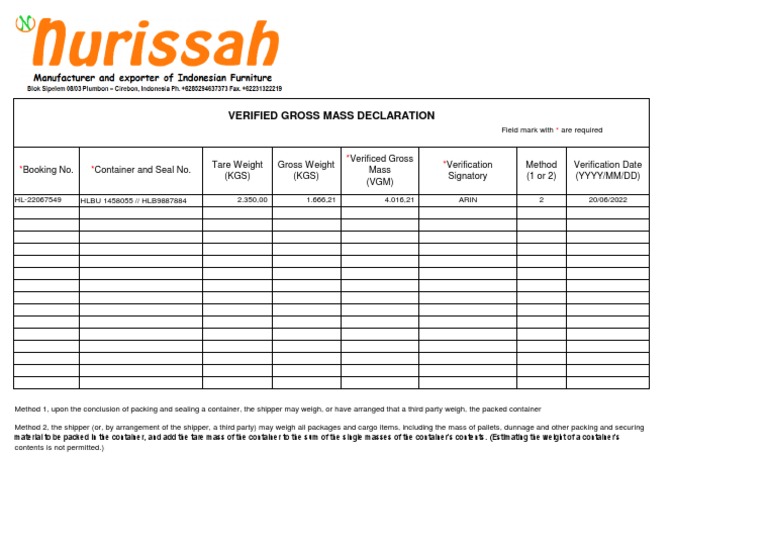 VGM Form - HL-22067549 | PDF