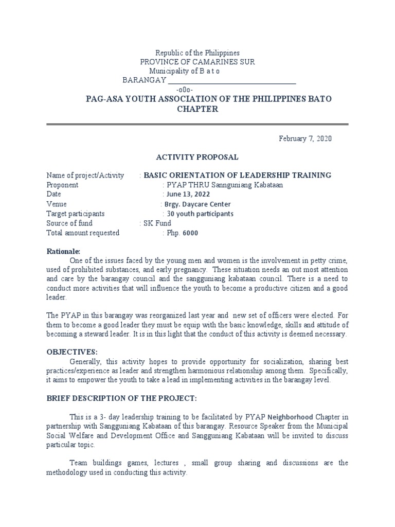 Pag-Asa Youth Association of The Philippines Bato: Activity Proposal ...