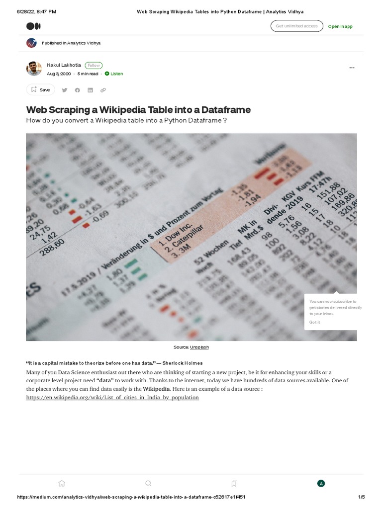 Web Scraping Wikipedia Tables Into Python Dataframe - Analytics Vidhya | PDF | Html | Internet & Web