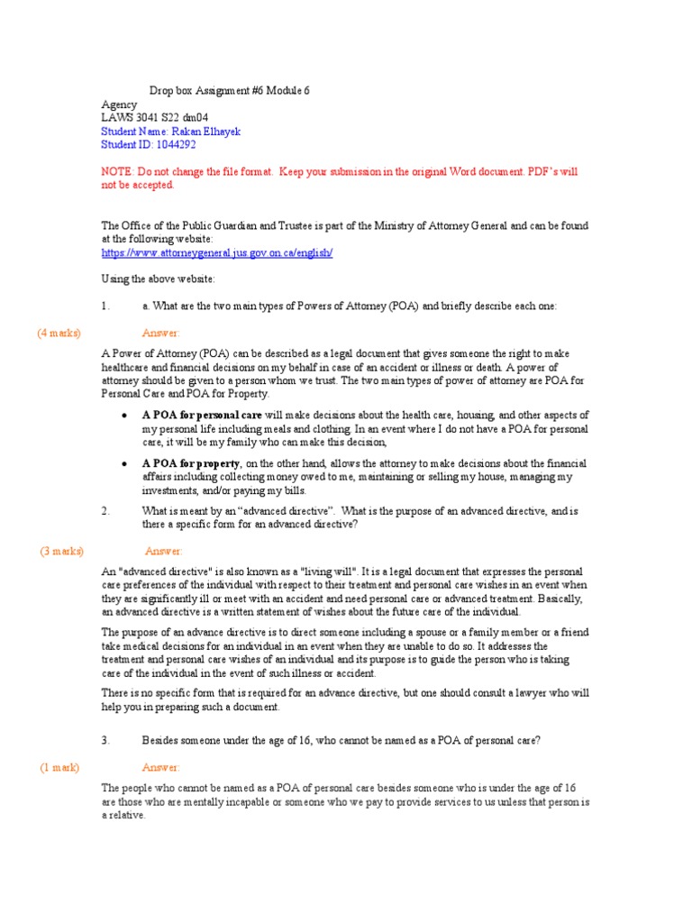 Assignment 6AgencyS22online | PDF | Legal Guardian | Power Of Attorney