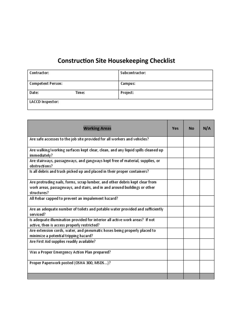 Construction Site Housekeeping Checklist | PDF | Housekeeping | Waste
