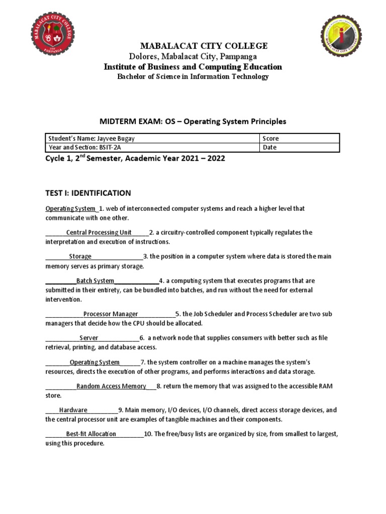 Os Midterm Exam | PDF | Computer Data Storage | Operating System
