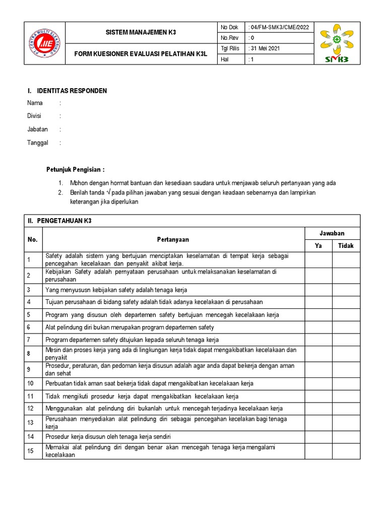 Form Kuesioner Evaluasi Pelatihan K3 | PDF