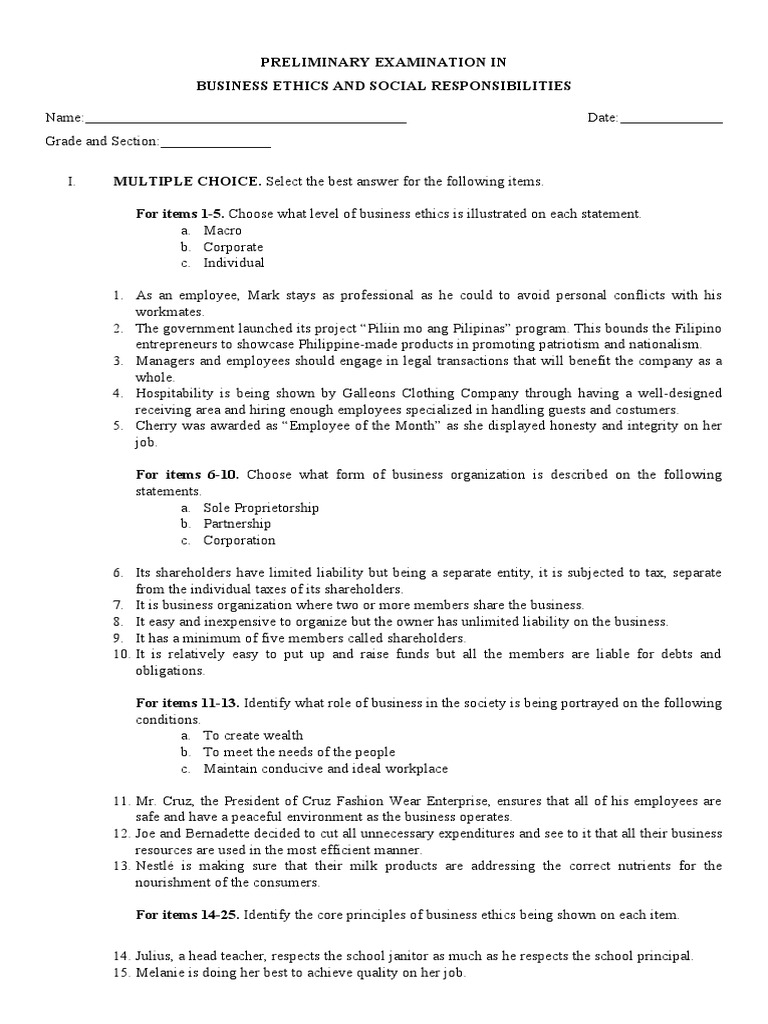 Business Ethics Exam | PDF | Business Ethics | Employment