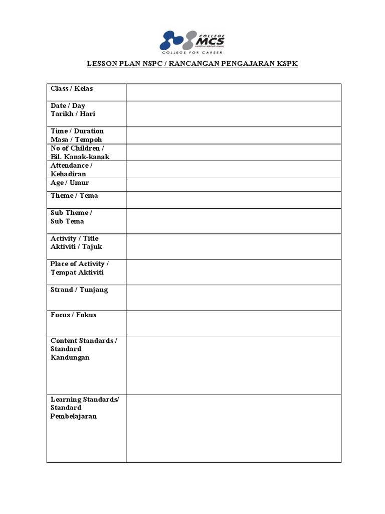 Contoh Template Lesson Plan KSPK (Tadika) | PDF | Educational ...
