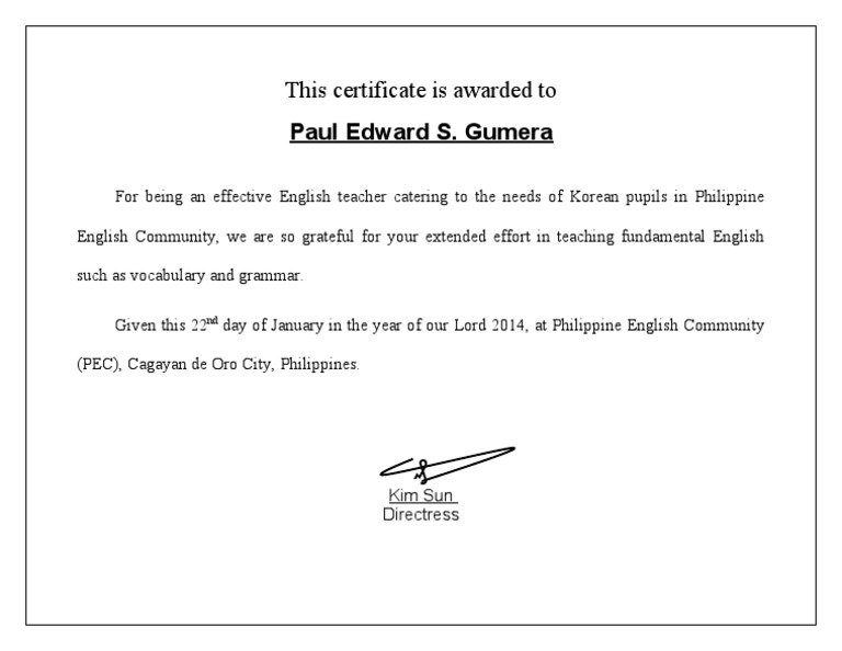 This Certificate Is Awarded To PE | PDF