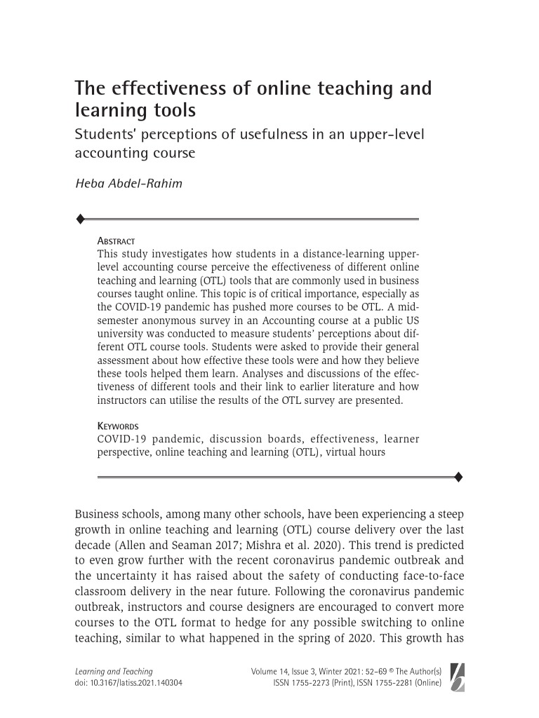 (17552281 - Learning and Teaching) The Effectiveness of Online Teaching ...
