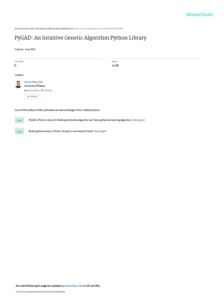 Pygad An Intuitive Genetic Algorithm Python Library June 2021 Pdf Genetic Algorithm 