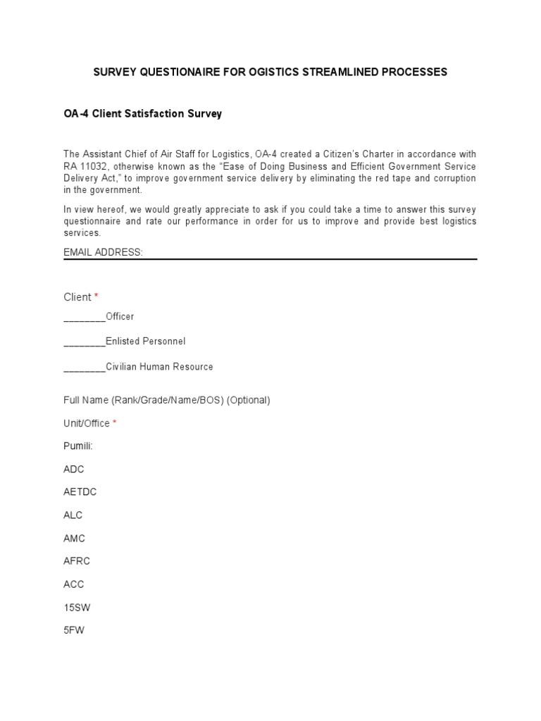 TAB B - Logisticcs Survey Questionaire For Streamelining | PDF ...