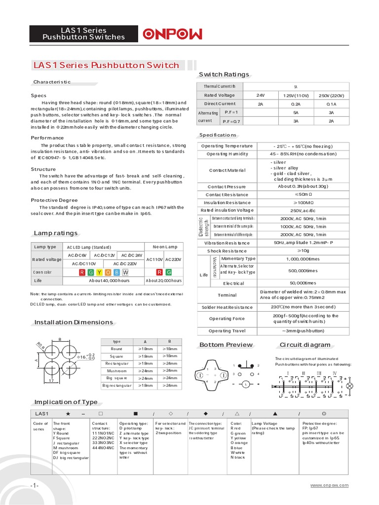 LAS1 Series Pushbutton Switches | PDF | Switch | Electrical Resistance ...