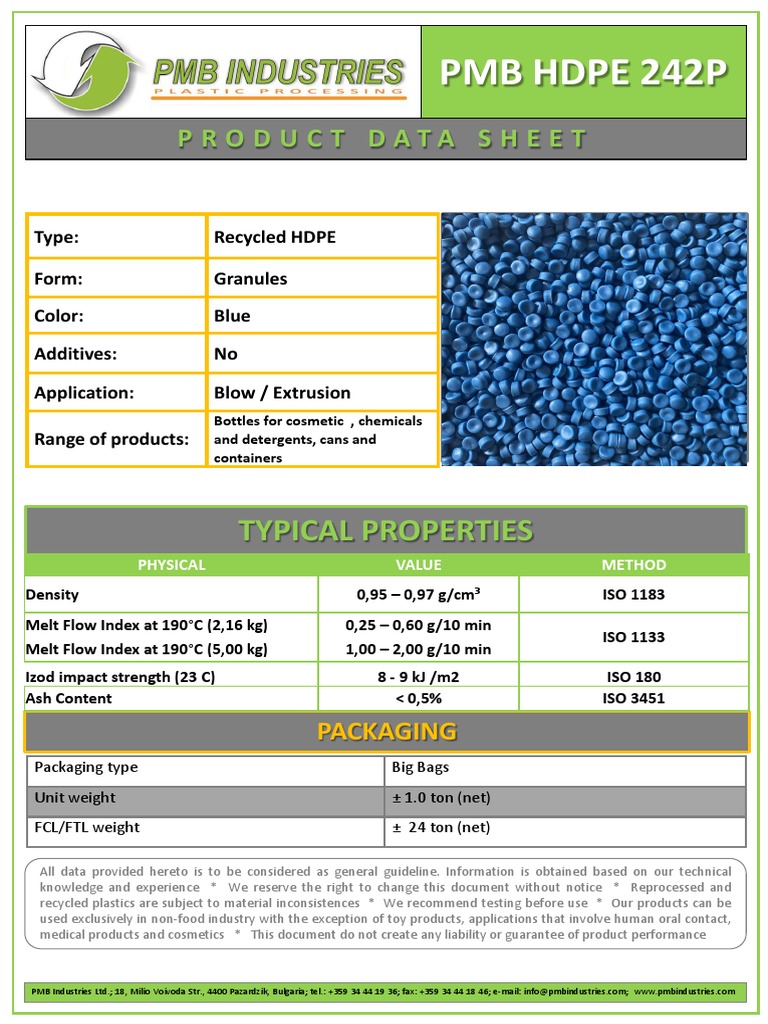 Data Sheet PMB HDPE 242P | Download Free PDF | Recycling | Packaging ...