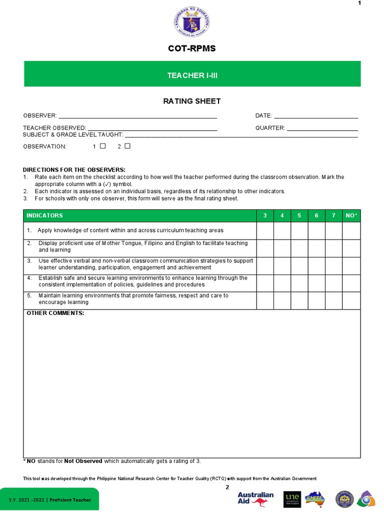 2021 2022 COT-Forms TI-TIII | PDF | Learning | Teachers