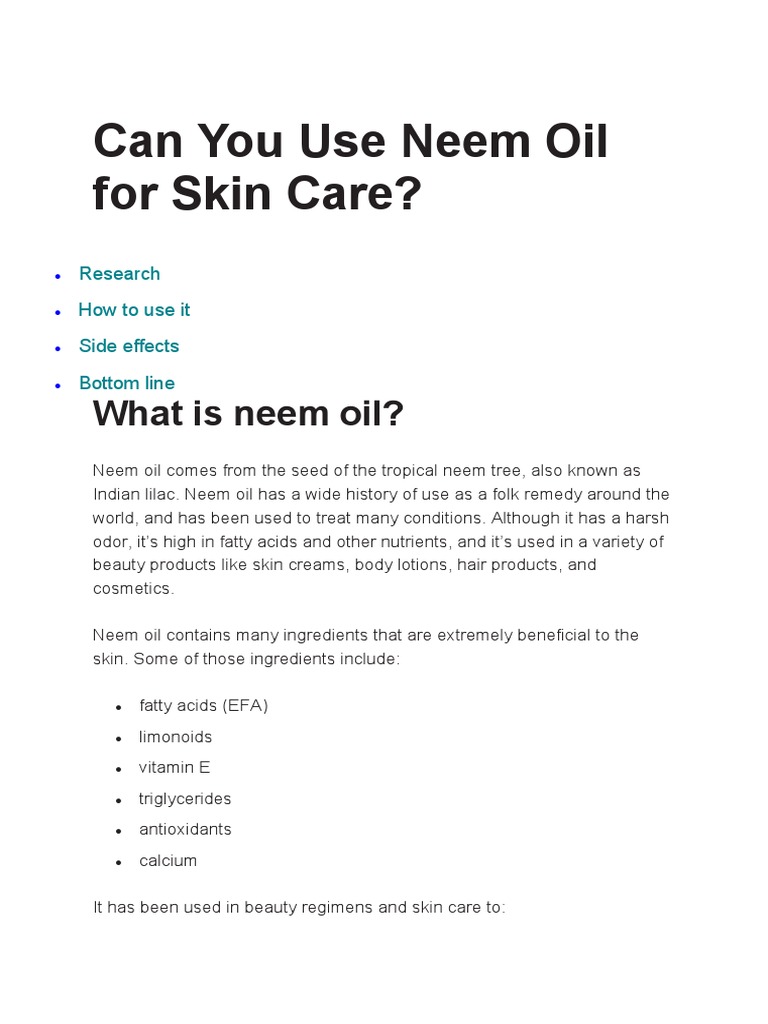 Neem Oil Skin Care: Benefits & Risks | PDF | Wellness