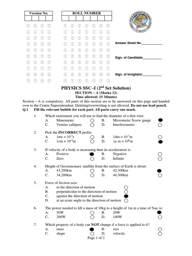 Physics SSC-I Model Question Paper | PDF | Thermal Expansion | Young's ...