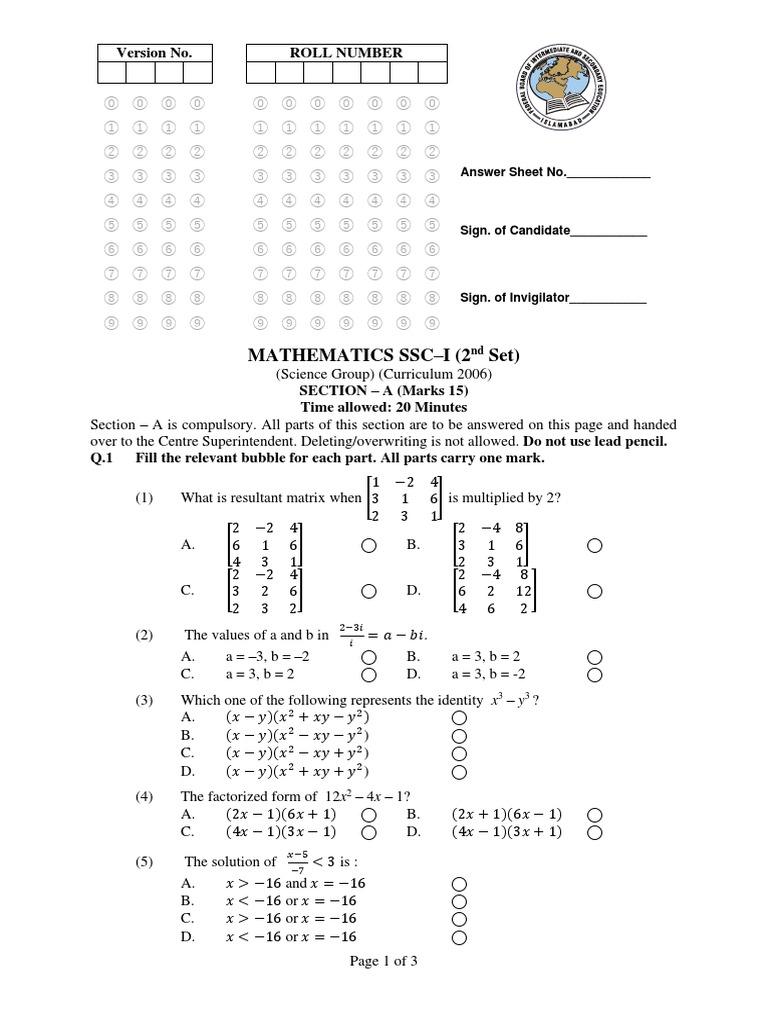 Mathematics SSC-I (2nd Set) | PDF | Triangle | Equations