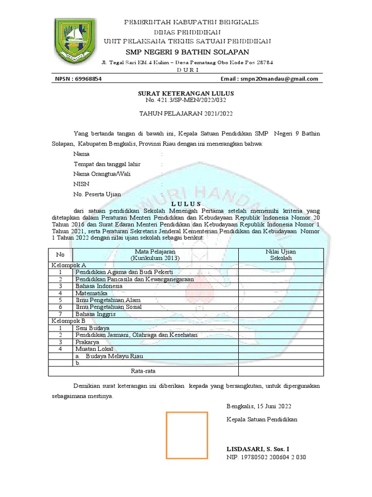 Surat Keterangan Lulus SMP Negeri 9 | PDF